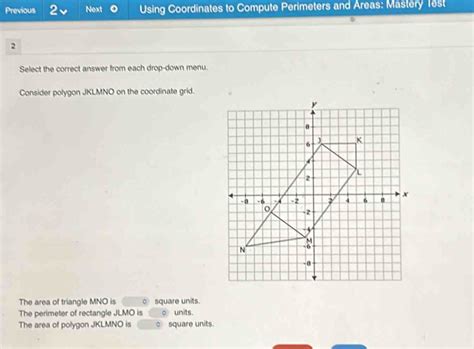 solved previous 2v next using coordinates to compute perimeters and areas mastery test 2 selec