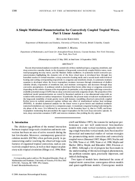 Pdf A Simple Multicloud Parameterization For Convectively Coupled Tropical Waves Part I