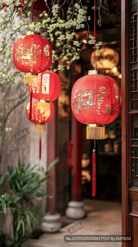 Ai创作图春节 红灯笼 中国文化 传统装饰 节日庆祝 福气 中国新年 传统节日 春季 花卉 树枝 木门 石柱 绿植 陶瓷 中国风 昵图网