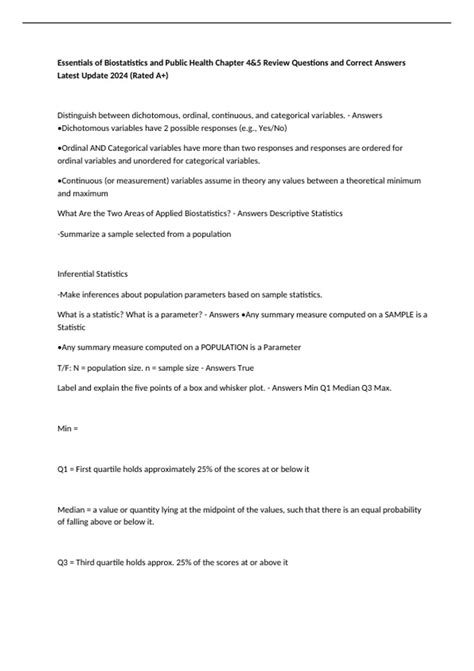 Essentials Of Biostatistics And Public Health Chapter 4and5 Review Questions And Correct Answers