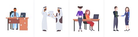 사업가 동료 열심히 작업 과정 믹스 레이스 과장 된 비즈니스 사람들 다양 한 개념 컬렉션 플랫 전체 길이 지평선 악수에 대한 스톡 벡터 아트 및 기타 이미지 Istock