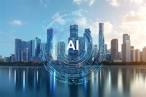 智能城市ai数字艺术 智能城市3d渲染现代科技风ai数据流城市天际线水面反射插画 Ai图片免费下载png格式4032像素编号