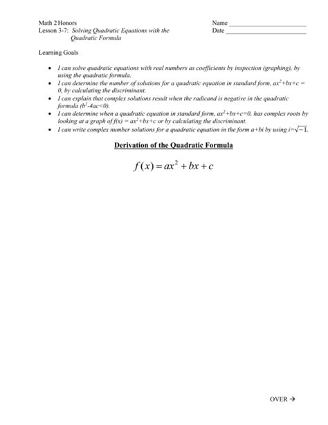 Lesson 3 7 Quadratic Formula