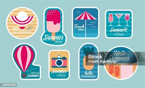 여름 분위기 현대적인 디자인의 스티커 세트 플랫 스타일의 여름 일러스트 모음 벡터 일러스트 레이 션입니다 0명에 대한 스톡 벡터 아트 및 기타 이미지 Istock