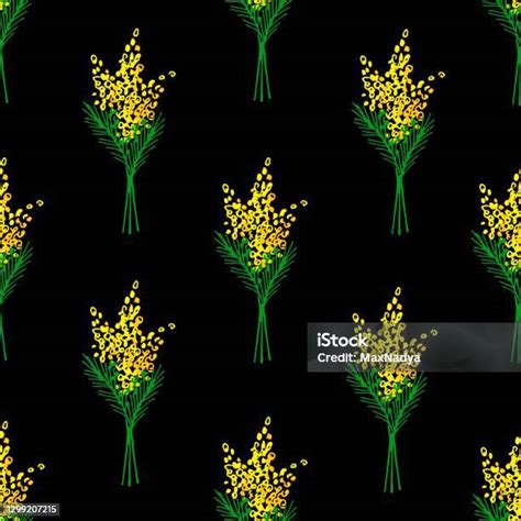 심플한 손으로 그린 플로럴 벡터 컬러 원활한 패턴 검은 색 배경에 미모사 꽃다발 봄 방학 디자인 직물 섬유 제품 포장의 인쇄용