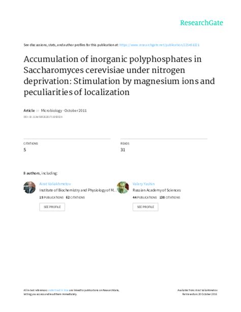 Pdf Accumulation Of Inorganic Polyphosphates In Saccharomyces Cerevisiae Under Nitrogen