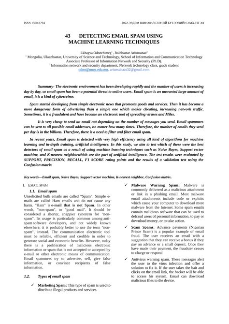 (PDF) DETECTING EMAIL SPAM USING MACHINE LEARNING TECHNIQUES