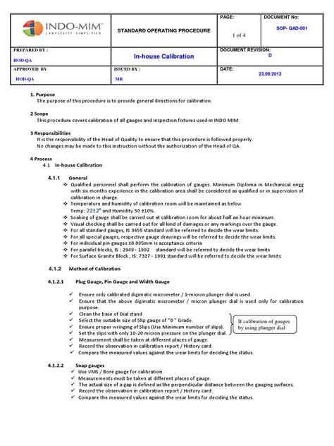 Sop Qad 001 Inhouse Calibration Calibration Equipment Free 30 Day