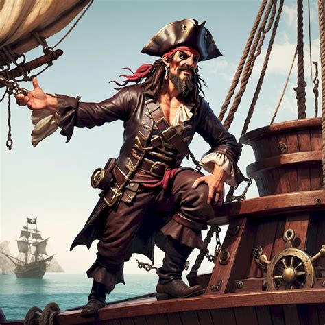 A Pirate Is On A Boat With A Ship In The Background Premium Ai