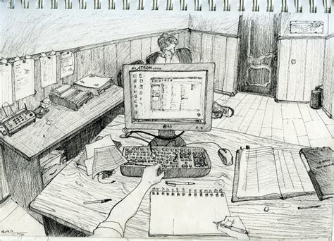 Иллюстрация За компом в стиле графика