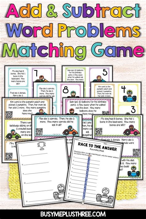 Word Problems Matching Game Addition And Subtraction First Grade Scoot Qr Codes Addition And