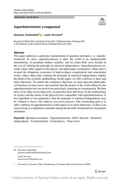 Superdeterminism A Reappraisal Request Pdf