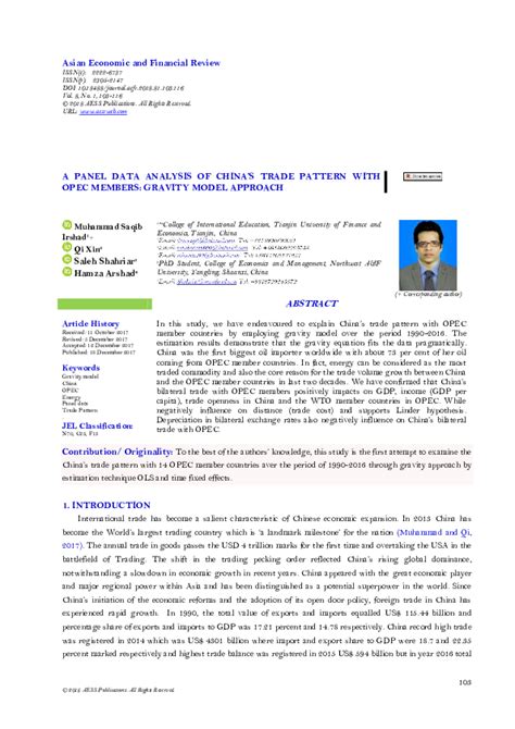 Pdf A Panel Data Analysis Of Chinas Trade Pattern With Opec Members Gravity Model Approach