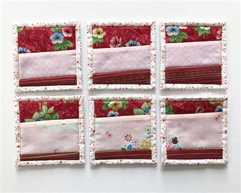 Set Of Six Patchwork Mug Rugs In Red And Pink Quilted Coasters Fabric