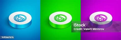 아이소메트릭 라인 스티어링 휠 아이콘은 파란색 녹색 및 보라색 배경에 분리되어 있습니다 자동차 바퀴 아이콘입니다 흰색 원 버튼입니다 벡터 3차원 형태에 대한 스톡 벡터 아트