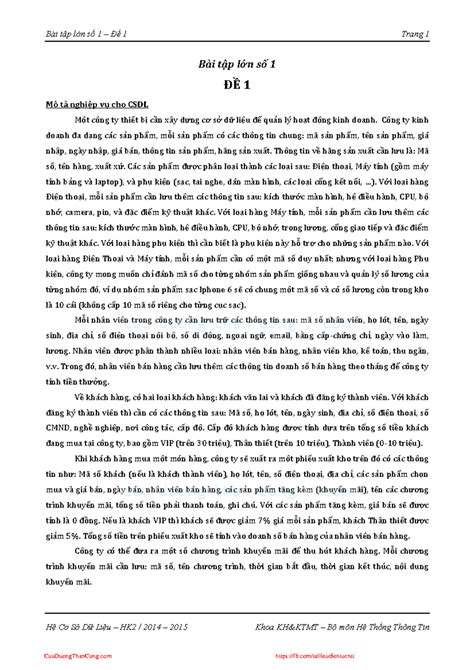 982 Bai Tap Co So Du Lieu Bài Tập Lớn Số 1 Đề 1 Trang 1 Hệ Cơ Sở Dữ Liệu Hk2
