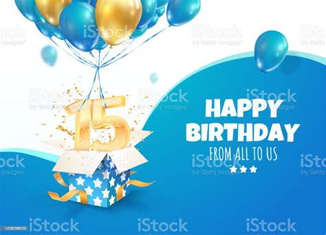 15 년 생일 벡터 3d 일러스트의 축하 15 주년 기념 행사 밝은 배경에 풍선에 비행 폭발 색종이와 황금 번호와 오픈 선물 상자 생일에 대한 스톡 벡터 아트 및 기타