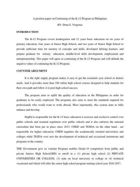A Position Paper On Continuing Of The K 12 Program In Philippines Pdf