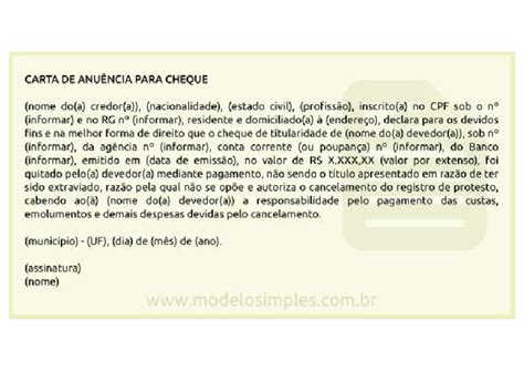 Modelo De Carta De Anuencia Para Cheque Pdf