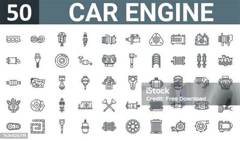 실린더 캡 온도 조절기 점화 플러그 Ac 스타터 스트럿 장착 벡터 얇은 아이콘 보고서 프리젠 테이션 다이어그램 웹 디자인 모바일 앱과 같은 50 개의 개요 웹 자동차 엔진