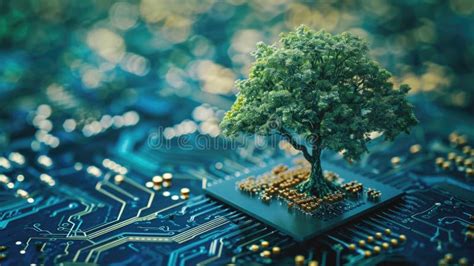 The Growing Green Tree On The Cpu On The Land Of Mainboard And Circuits