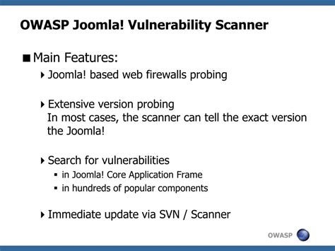 PPT OWASP Joomla CMS Vulnerability Scanner Project Flyer PowerPoint Presentation ID