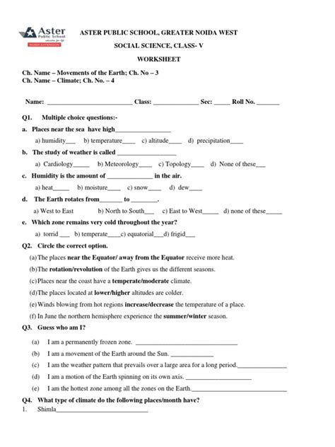 Ch 3 And 4 Class 5 Worksheet Pdf Earth Equator