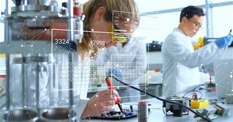 Scientists Analyzing Data In Advanced Lab With Digital Overlay Concepts