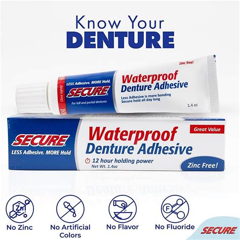 Secure Waterproof Denture Adhesive Extra Strong Hold Zinc Free