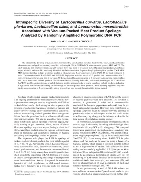 Pdf Intraspecific Diversity Of Lactobacillus Curvatus Lactobacillus Plantarum Lactobacillus