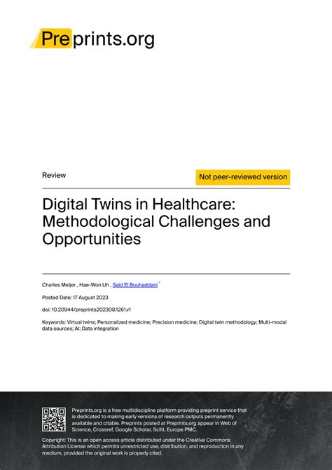 Pdf Digital Twins In Healthcare Methodological Challenges And Opportunities