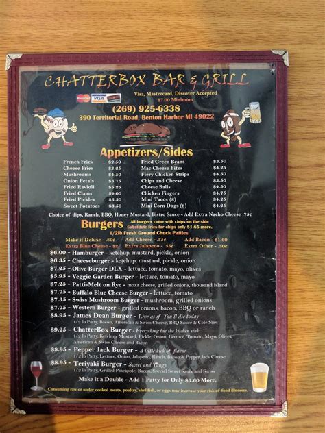 Menu At Chatterbox Pub And Bar Benton Harbor