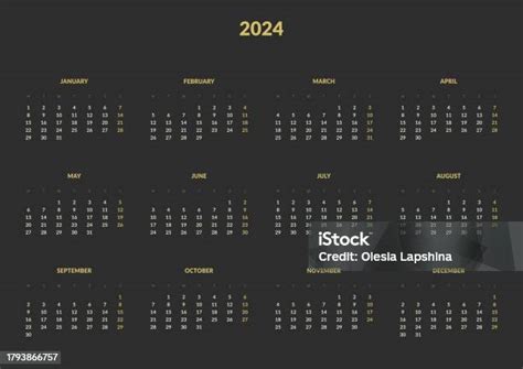 2024년 연간 달력 템플릿입니다 벽이나 책상의 벡터 레이아웃 월요일부터 시작하는 주 달력 노란색과 어두운 색상의 달력 디자인 0명에 대한 스톡 벡터 아트 및 기타 이미지