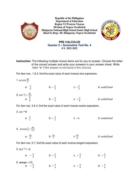 Pre Calculus Summative Test No 4 Q2 Pdf Trigonometric Functions Trigonometry