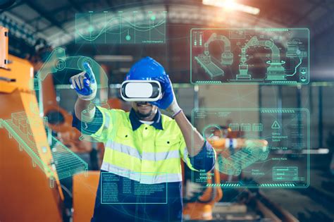 엔지니어 사용 Vr 가상 현실 기술 제어는 현대 공장에서 로봇 기계를 운영합니다 엔지니어링 산업의 새로운 혁신 가상현실에 대한