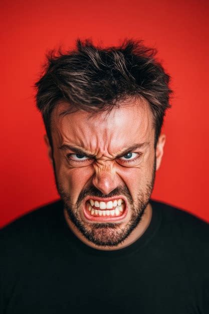 Man Displays A Fierce And Intense Expression Of Anger On Red Backdrop