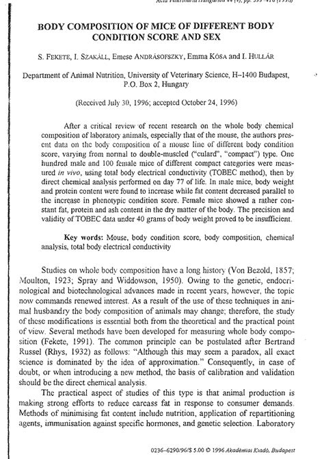 Pdf Body Composition Of Mice Of Different Body Condition Score And Sex