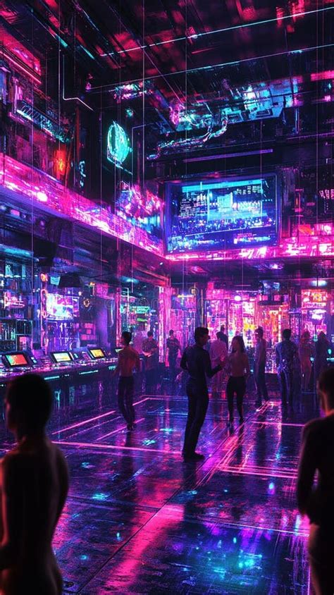 A Futuristic Neon Lit Nightclub With Glowing Dance Floor Stock