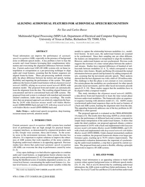 Pdf Aligning Audiovisual Features For Audiovisual Speech Recognition