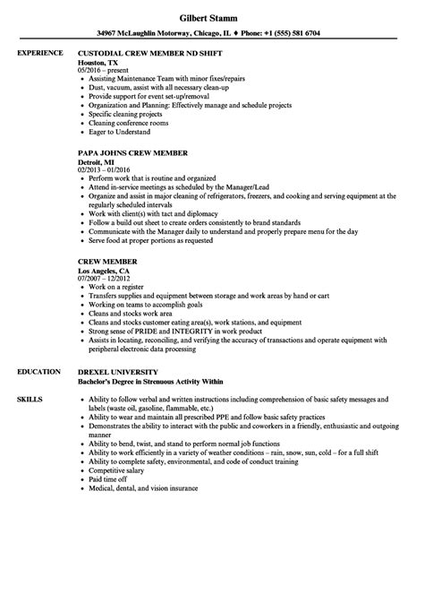 Crew Member Resume Samples Velvet Jobs