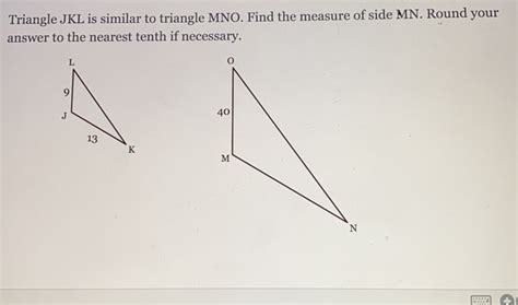 solved triangle jkl is similar to triangle mno find the measure of