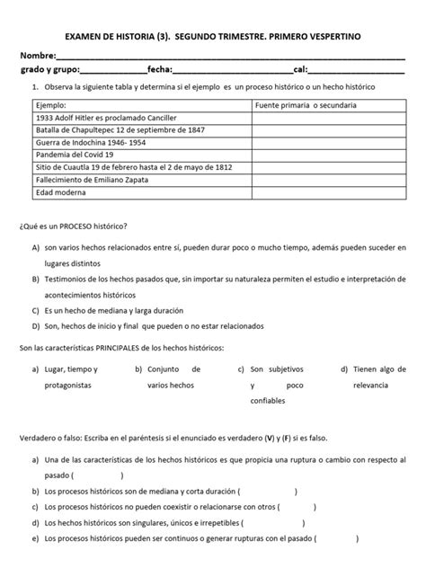 Examen De Historia 3 Primeros Pdf