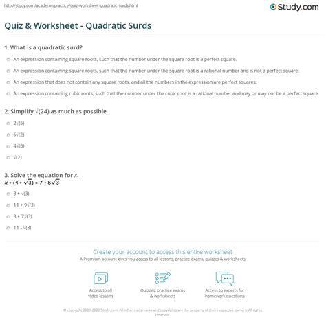 Quiz And Worksheet Quadratic Surds