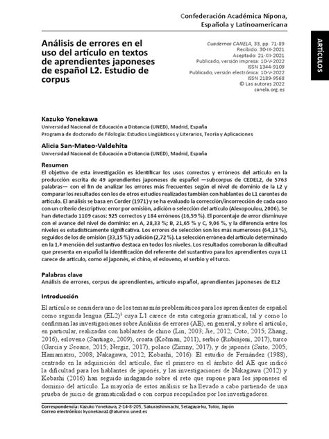 Análisis De Errores En El Uso Del Artículo En Textos De Aprendientes Japoneses De Español L2