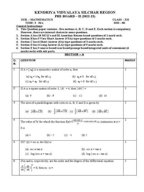 Qp Maths Xii Kvs Silchar Pdf Equations Mathematical Physics