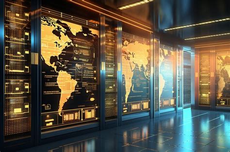 Premium Photo Server Room With A Map Showing Global Data Flow