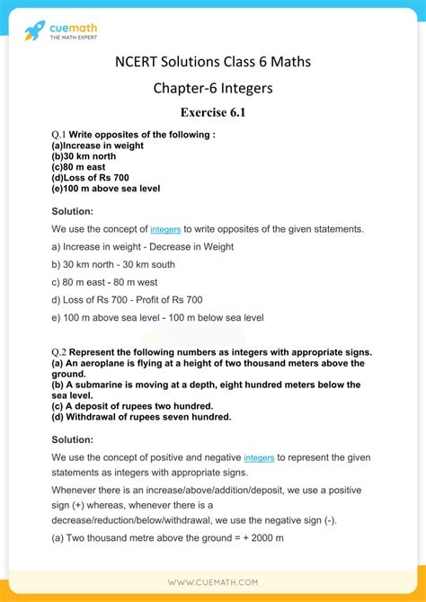 NCERT Solutions For Class Maths Chapter Exercise Integers Access Free PDF