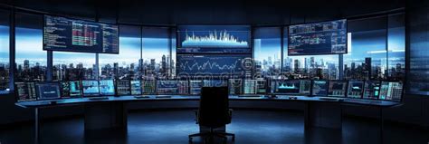 A Modern Control Room With Multiple Screens Displaying Data Analysis Financial Charts And Code