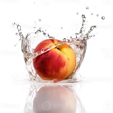 Fresh Peach Fruit Falling Into Mid Water Against White Background Food