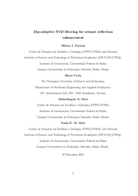 pdf dip adaptive singular value decomposition filtering for seismic
